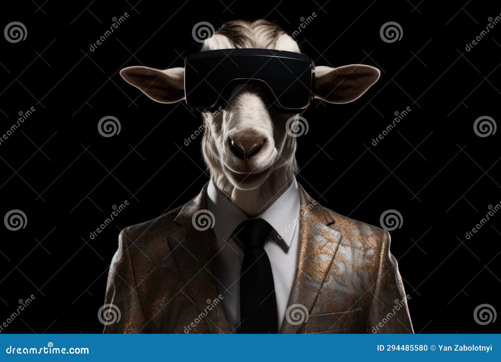 Goat in Suit and Virtual Reality on Black Background Stock Illustration ...