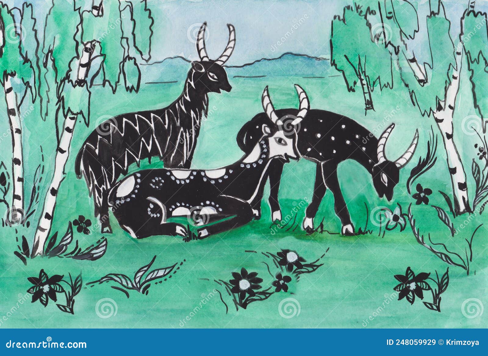 Goats and a Cow Graze in a Meadow Stock Illustration - Illustration of ...