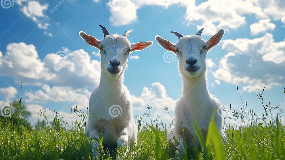 Goats in a Field with Clouds in a Blue Sky. this is AI Generative Image ...