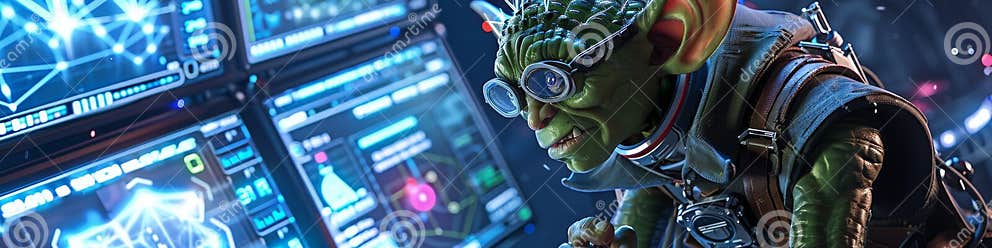 A Goblin Hacker Surrounded by Screens Displaying Molecular Biology Data ...