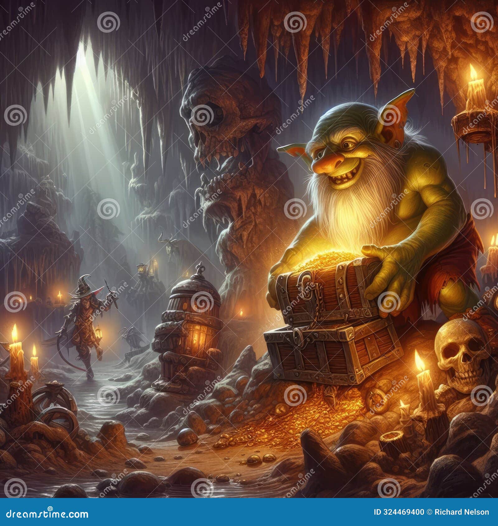 Goblin with Treasure Chest in Cave Stock Illustration - Illustration of ...