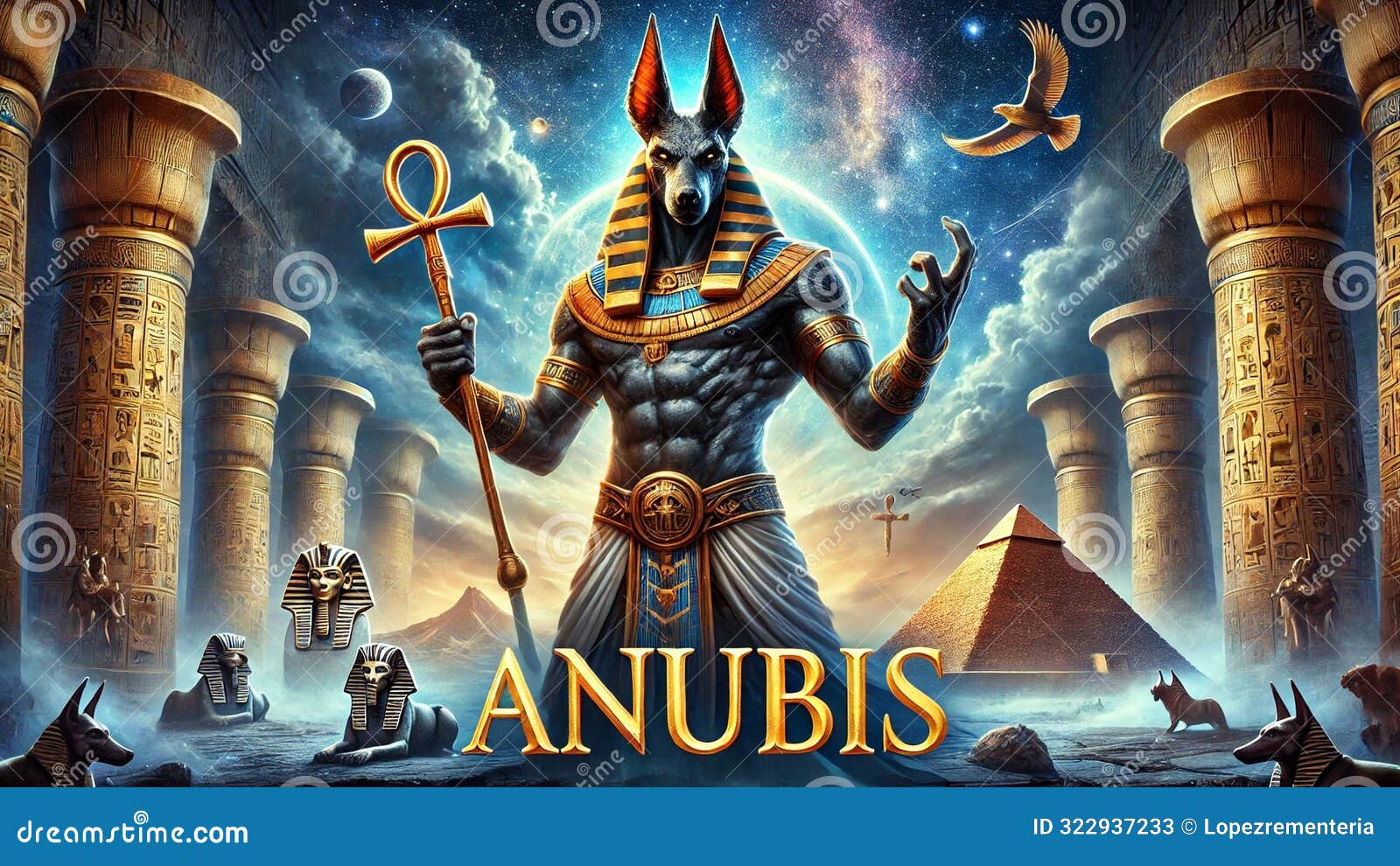 God Anubis with Pyramids and Starry Night Sky Stock Illustration ...