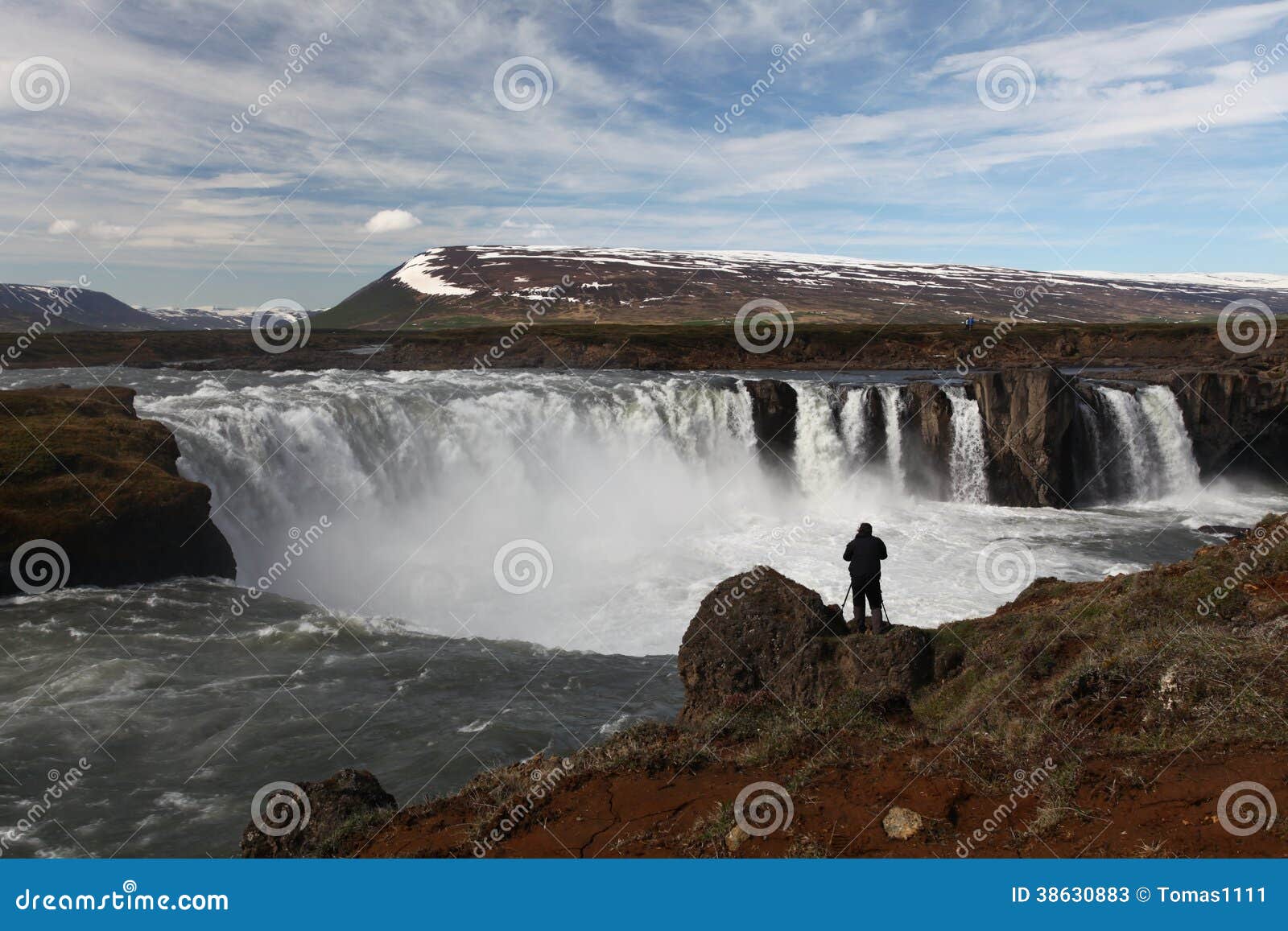 Godafoss Waterfalls with Mountain in Iceland Stock Image - Image of ...