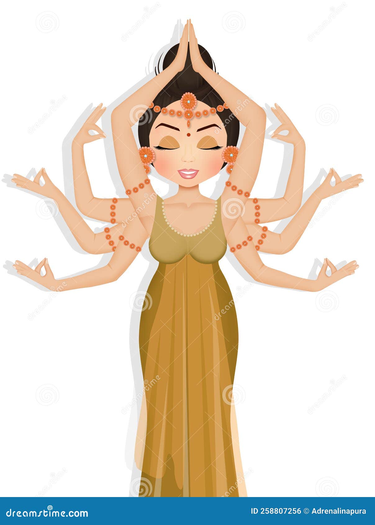 Goddess Shiva with Ten Arms Stock Illustration - Illustration of skulls ...