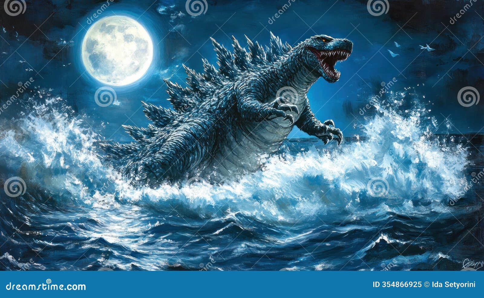 Godzilla Emerging from Ocean Under a Full Moon Stock Illustration ...