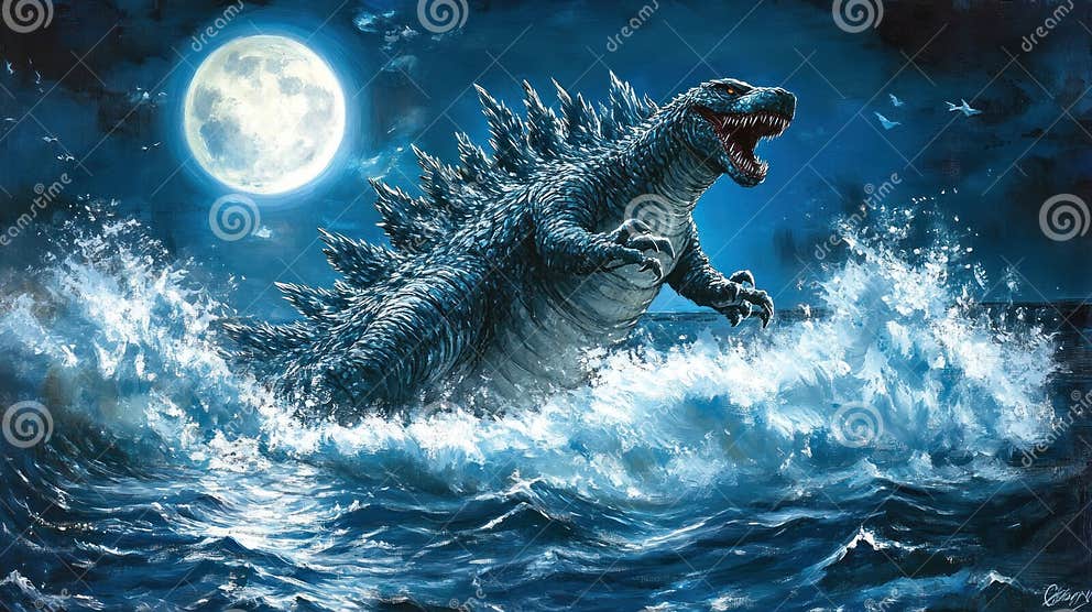 Godzilla Emerging from Ocean Under a Full Moon Stock Illustration ...