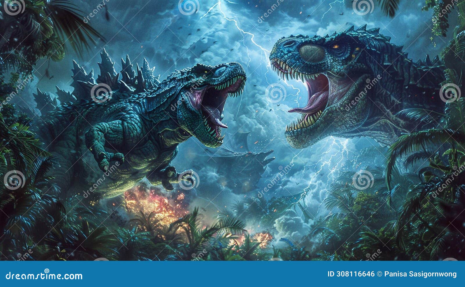 Godzilla Facing Off Against a T Rex in a Jungle Ai Generated Stock ...