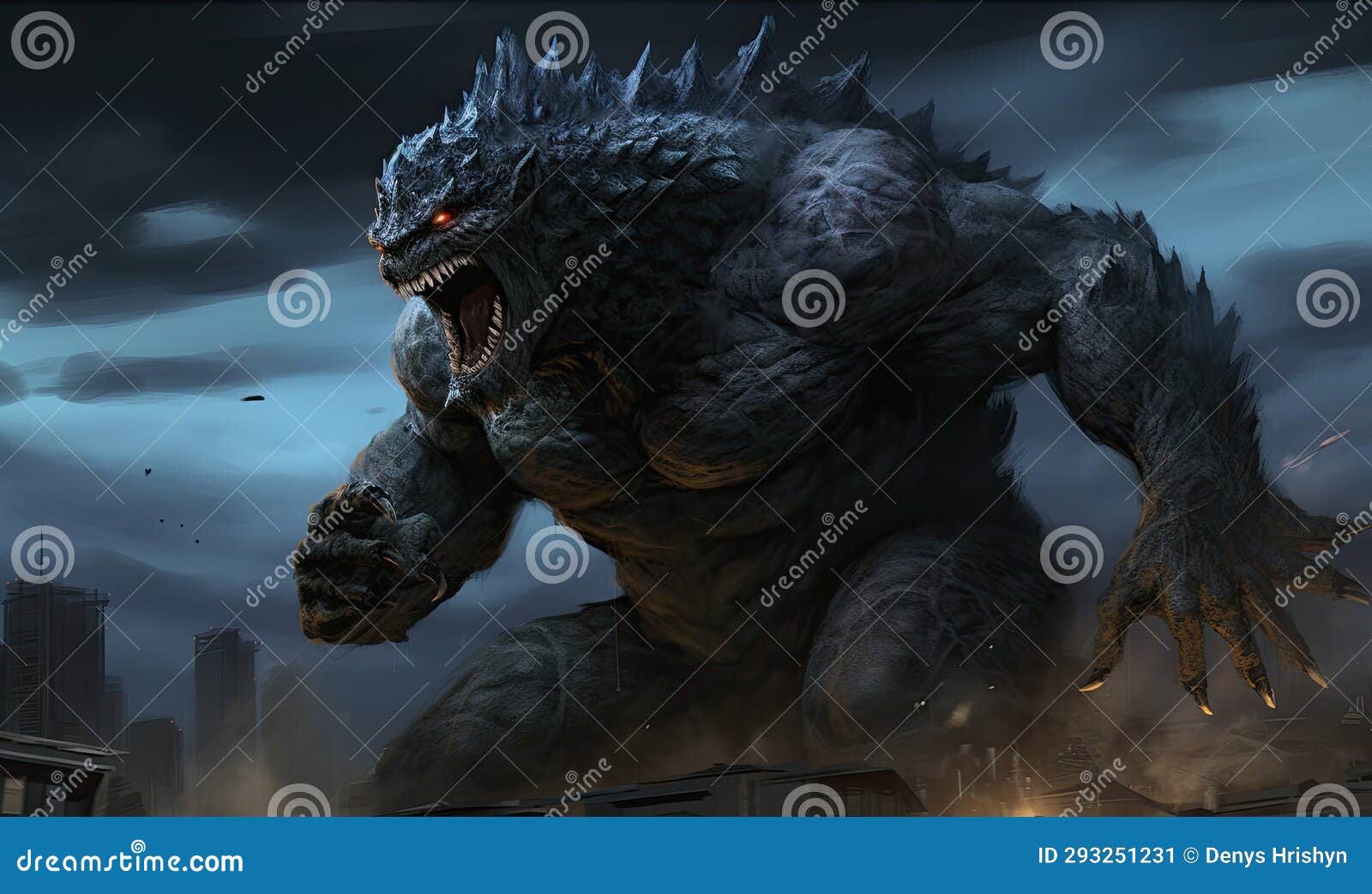 Godzilla Towering Over a Cityscape at Night Stock Illustration ...