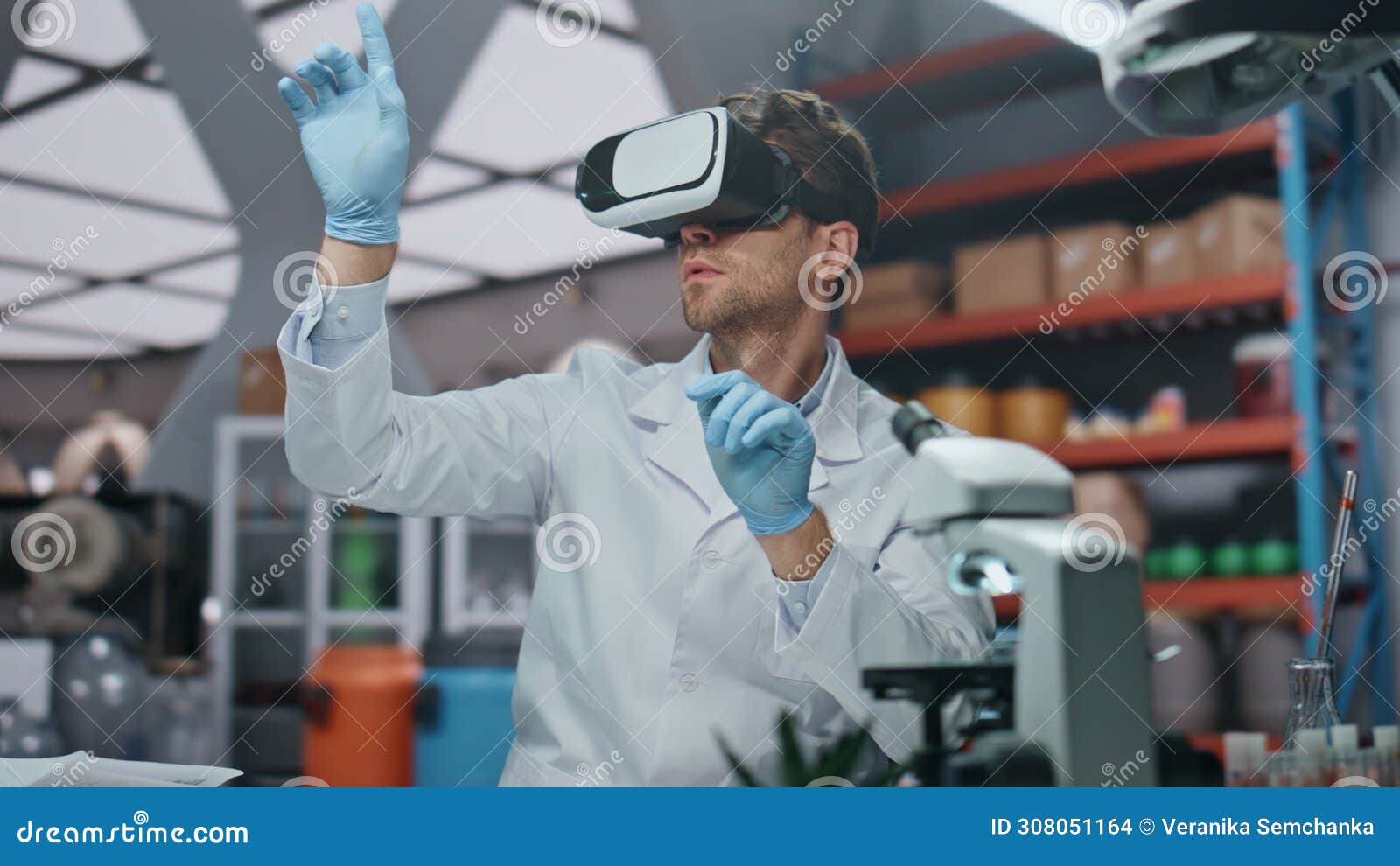 Goggles Scientist Touching Augmented Reality Interface in Laboratory ...