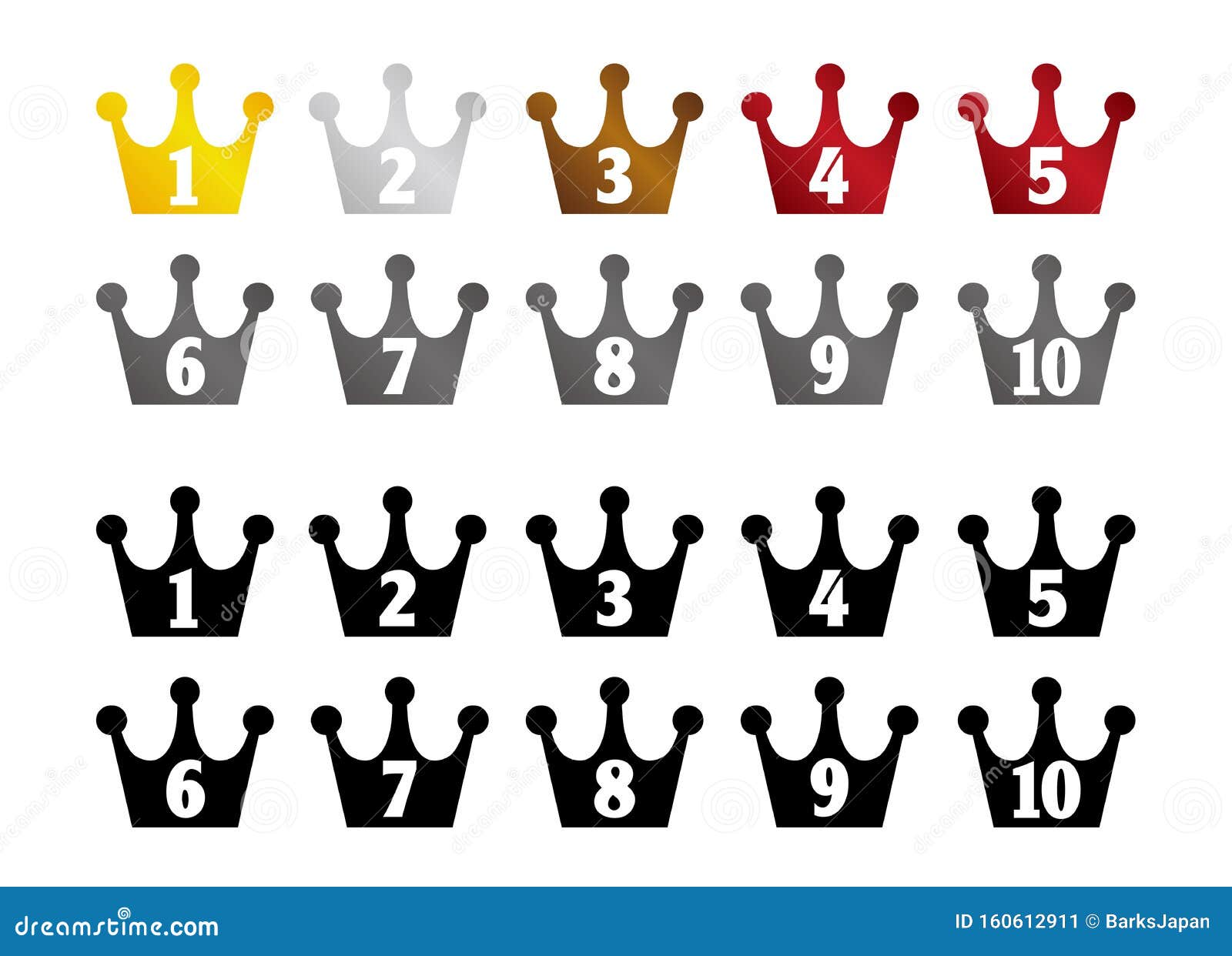 Crown Ranking Illustration Set . from 1st Place To 10th Place Stock ...