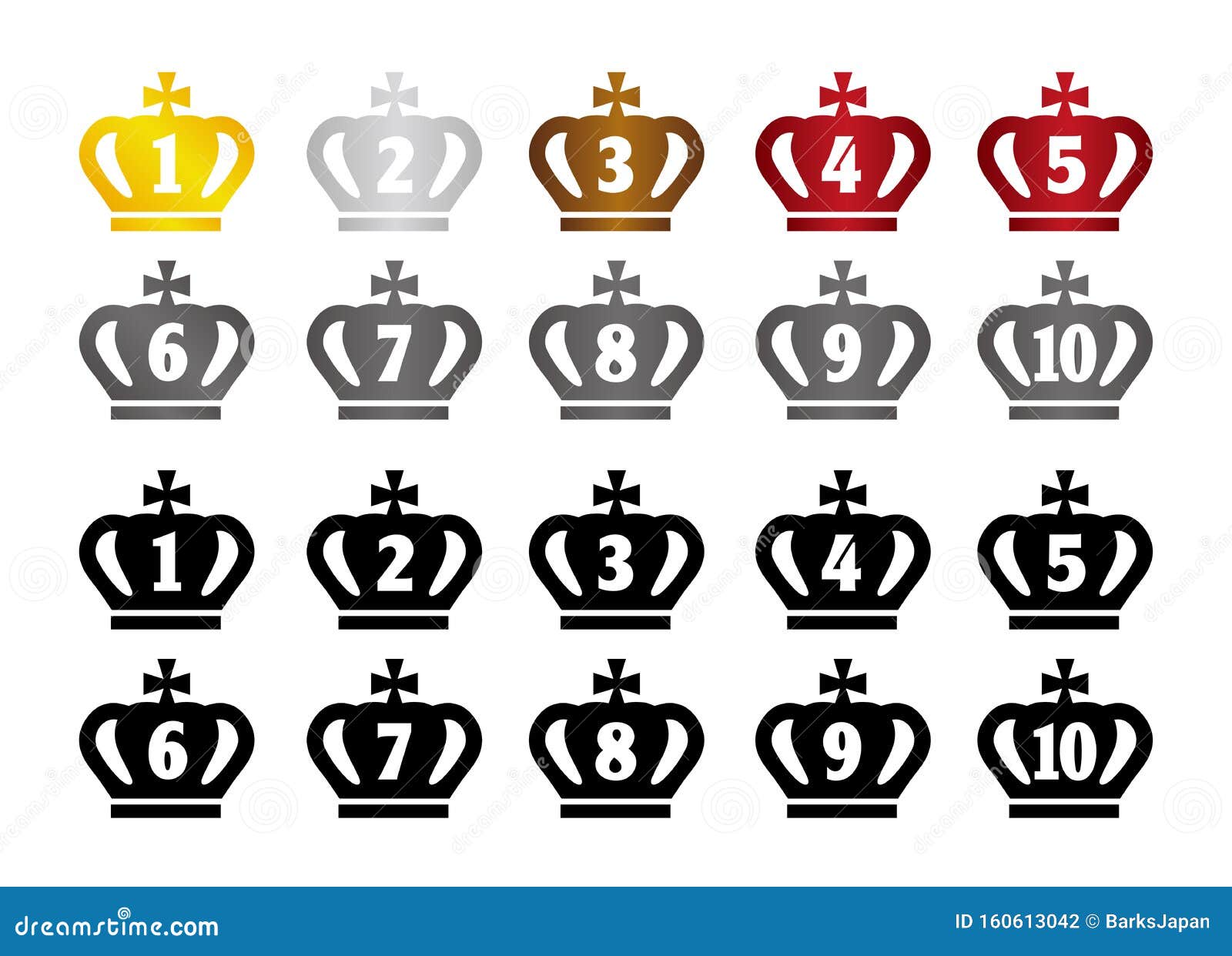 Crown Ranking Illustration Set . from 1st Place To 10th Place Stock ...