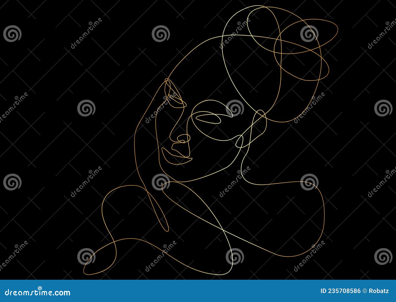 Gold Abstract Woman Face One Line Vector Drawing Portrait Minimalistic