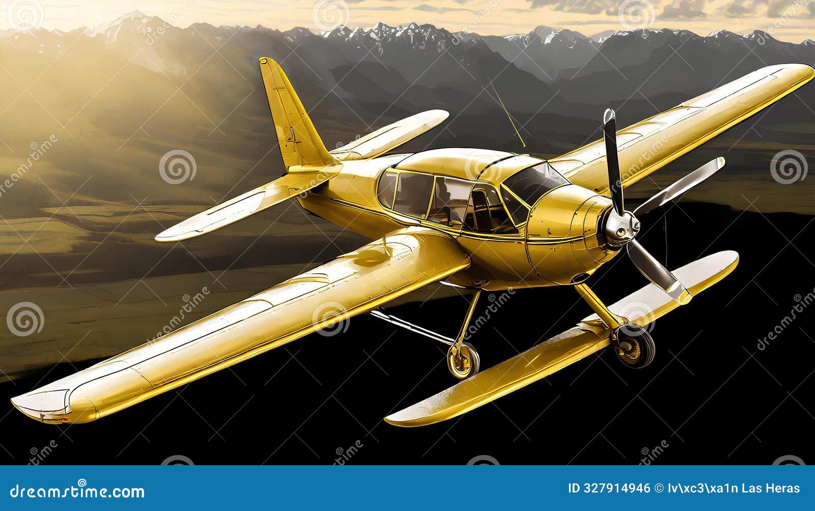 A Gold Airplane is Flying Over a Mountain Range Stock Illustration ...