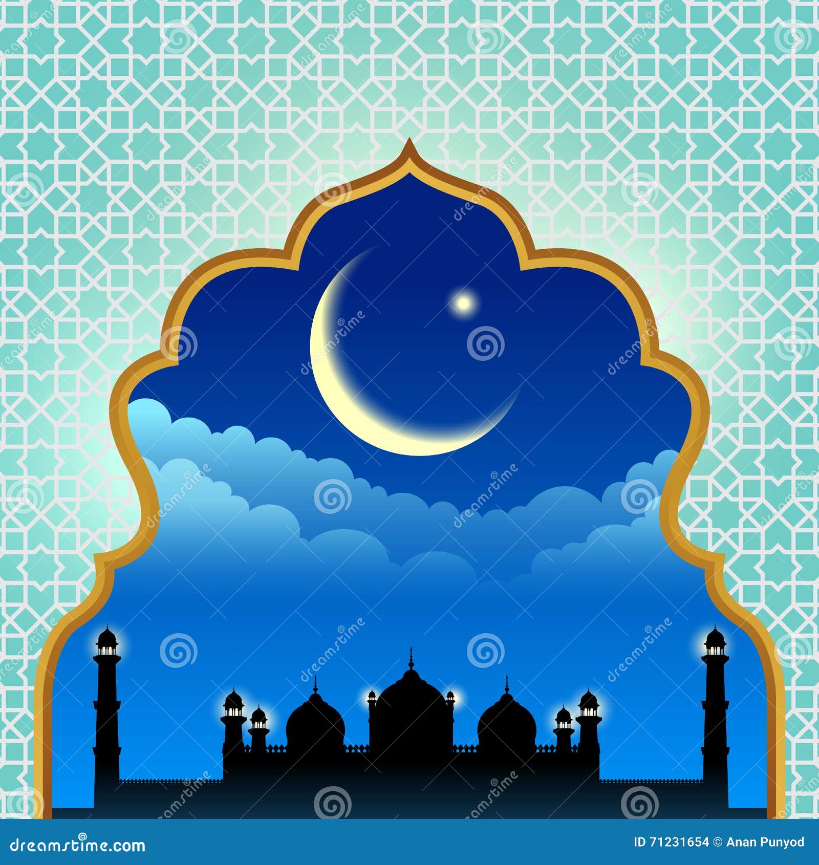 Gold Arab Window Art and Masjid at Night Vector Design Stock Vector ...