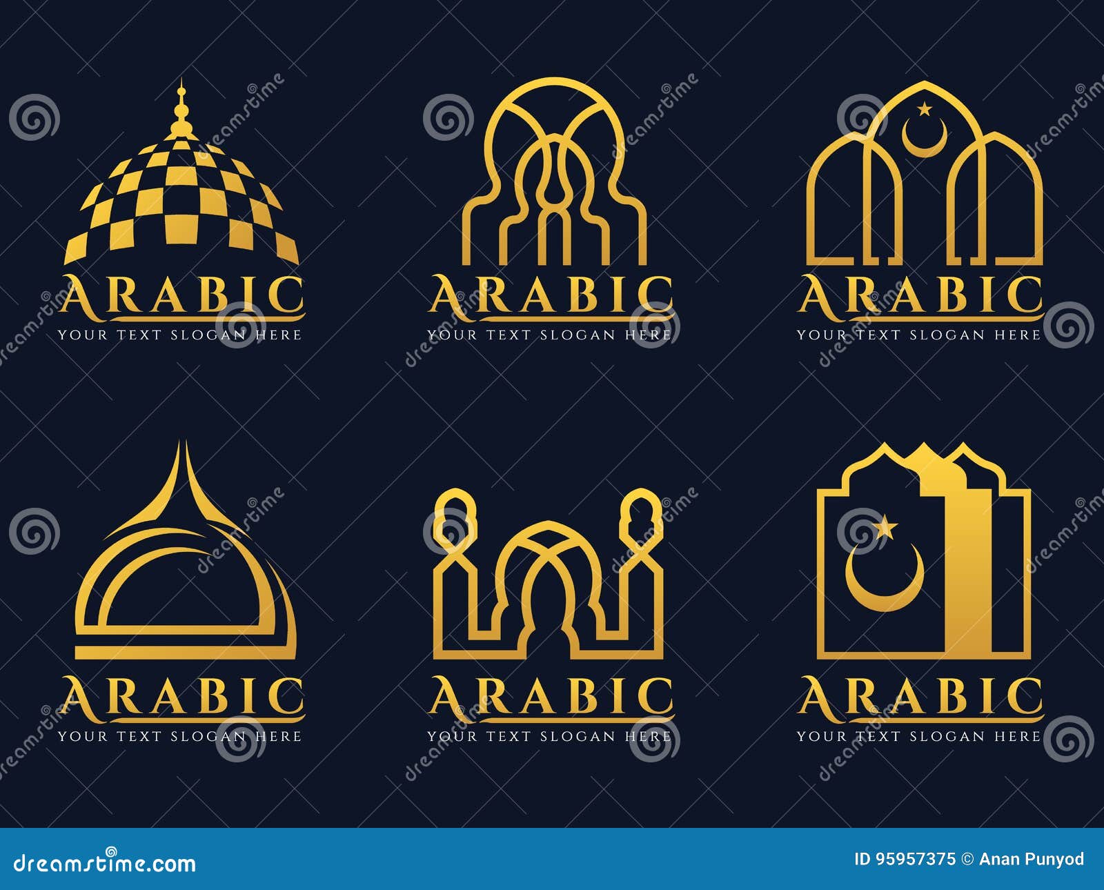 Gold Arabic Doors and Mosque Architecture Art Logo Vector Set Design ...