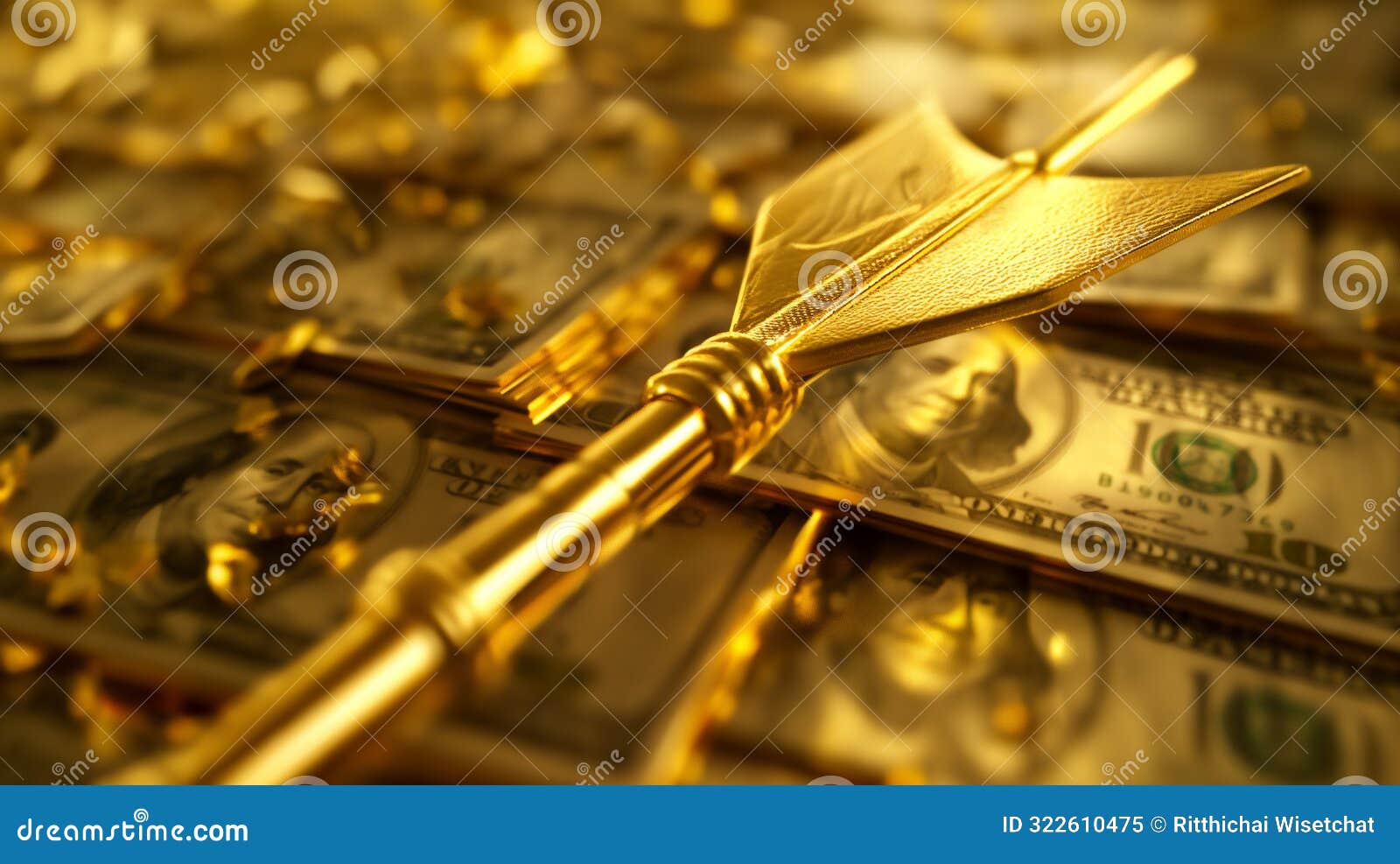 Gold Arrow on Piles of US Dollars, Representing Financial Prosperity ...