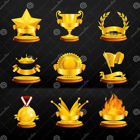 Gold awards, set on black stock vector. Illustration of achievement ...