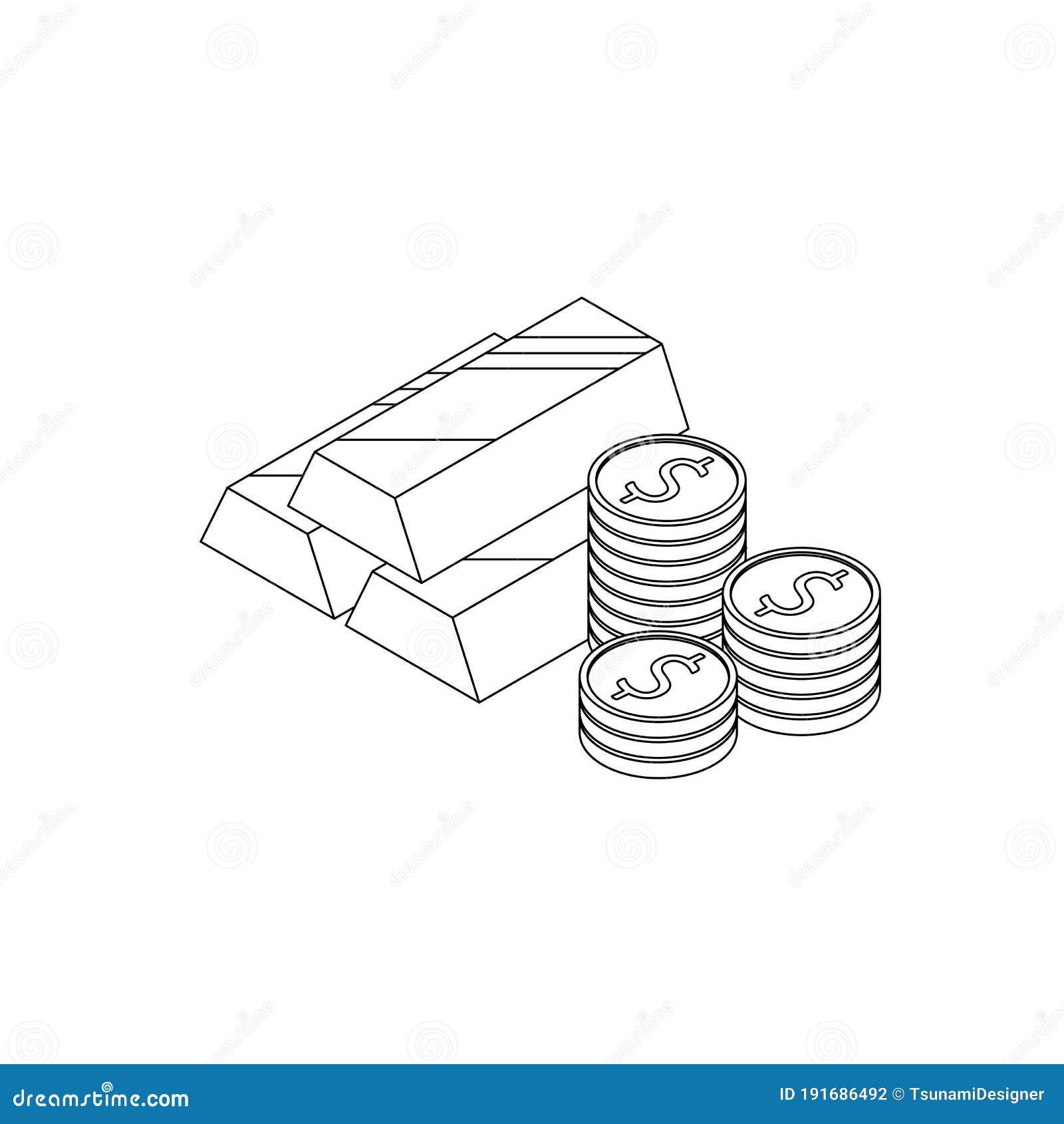 Gold Bar And Coin - Black Outline Icon Vector Isometric | CartoonDealer ...