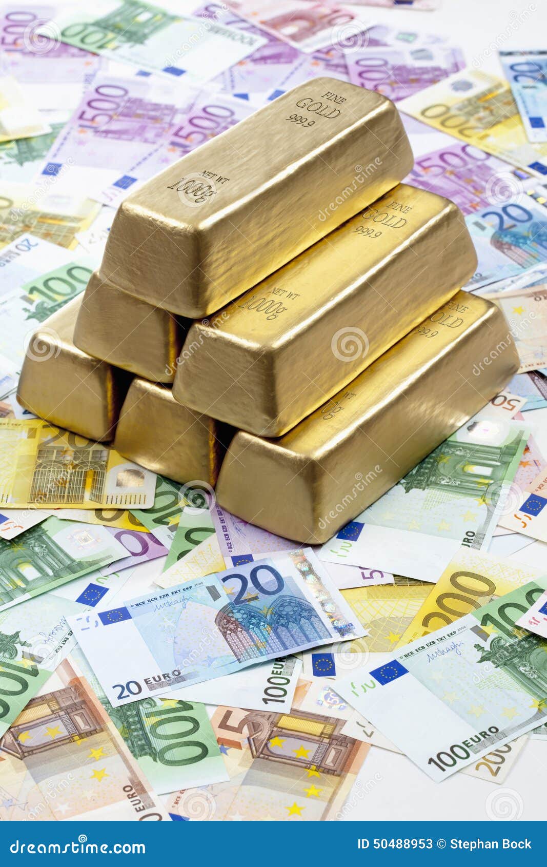 Gold Bars on Heap of Euro Notes Stock Image - Image of finance, note ...