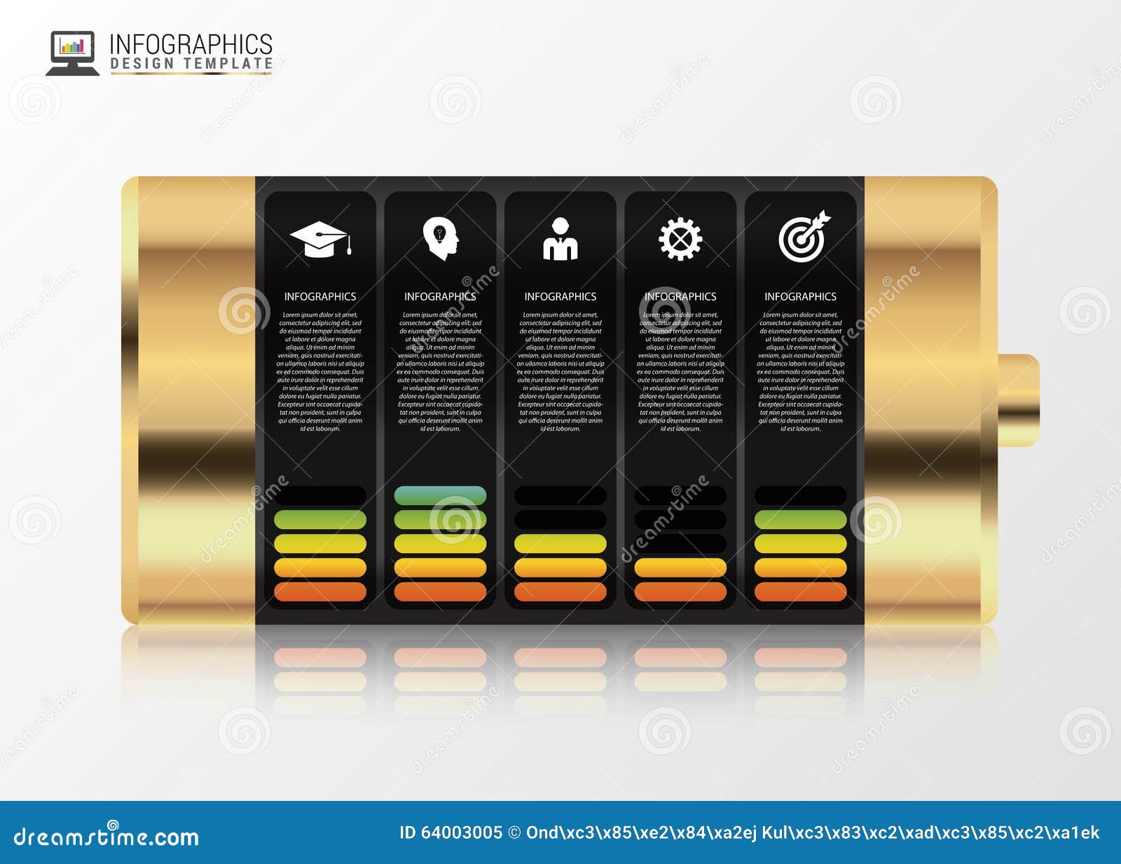 Gold Battery with Infographic Elements. Modern Design Template Stock ...