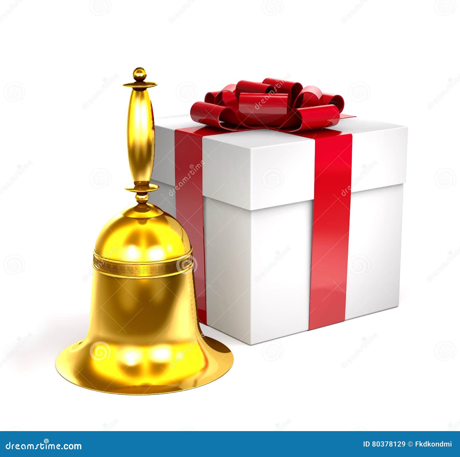Gold Bell and Gift Box with Red Bow 3d Illustration. Stock Illustration ...