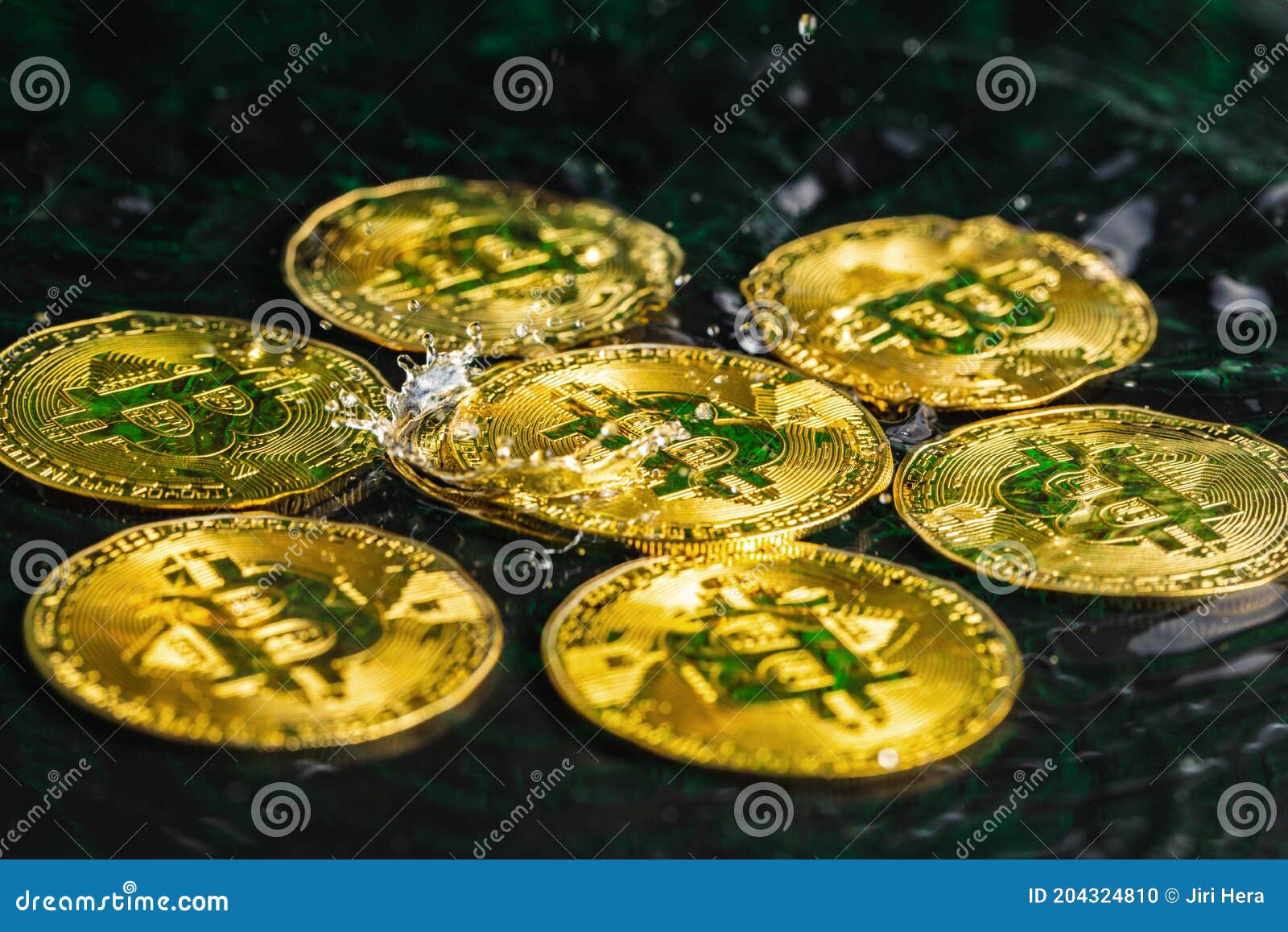 Gold Bitcoin Coin Falling To Water. Bitcoin and Water Splash Stock ...