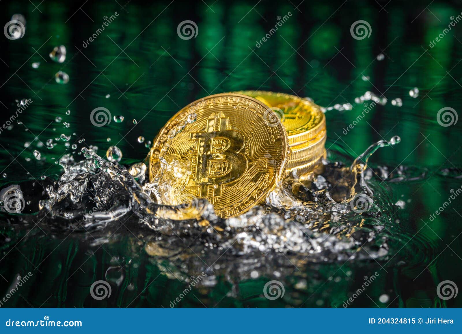 Gold Bitcoin Coin Falling To Water. Bitcoin and Water Splash Stock ...