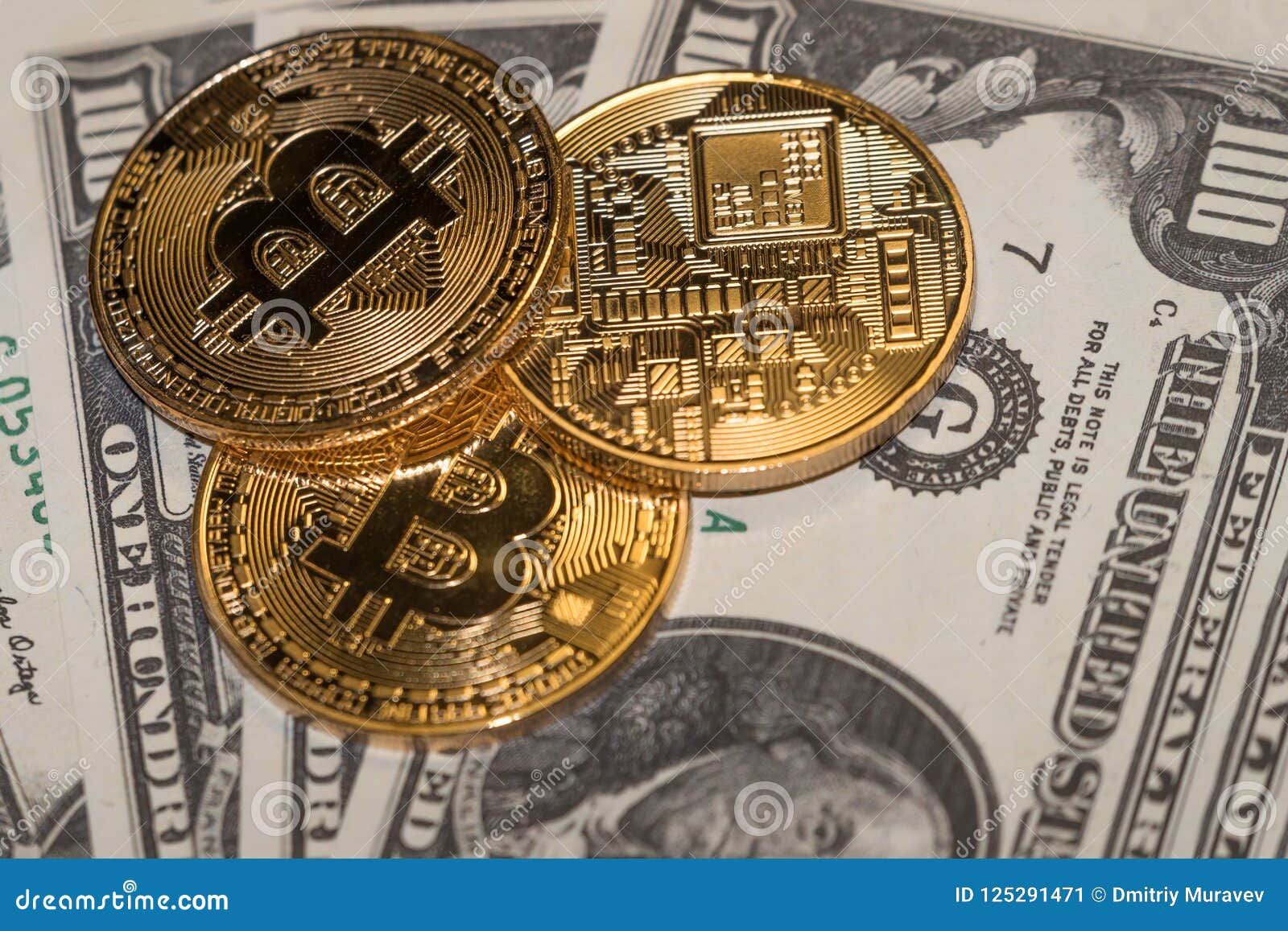Gold Bitcoin Coins and Paper American Dollars Stock Image - Image of ...