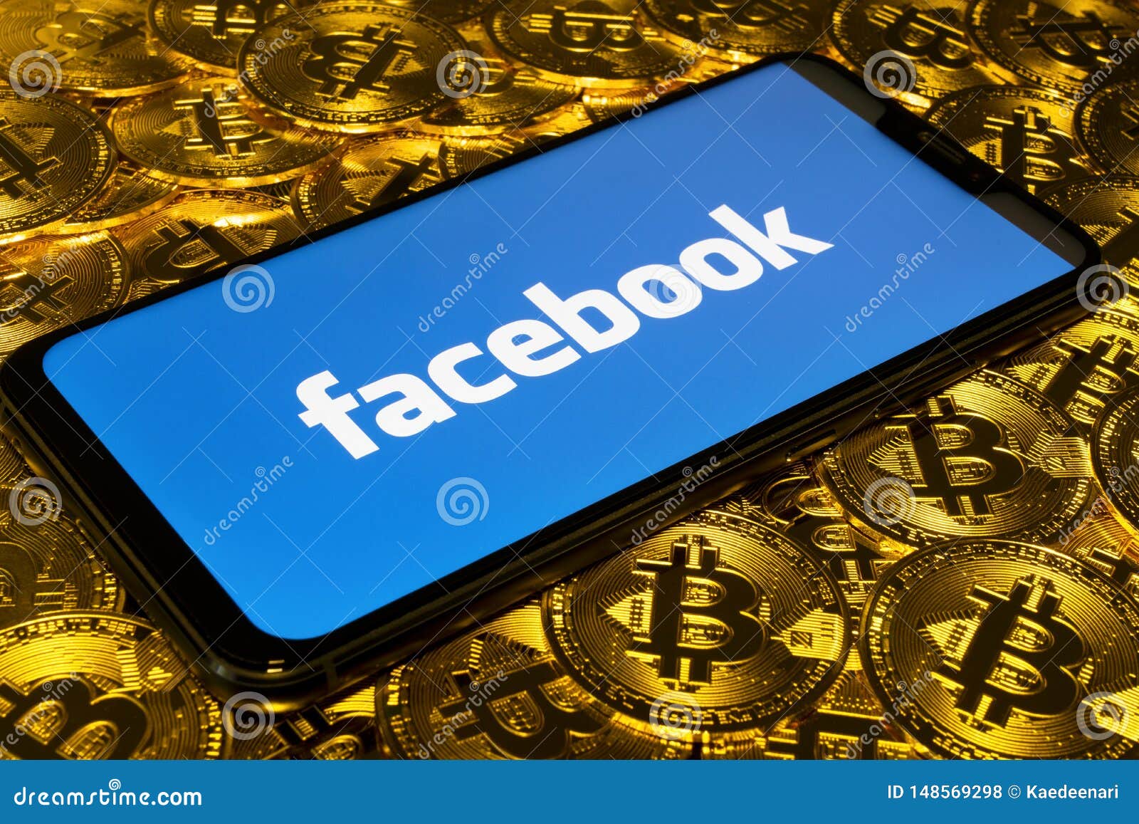 Gold Bitcoin Coins Pile with the Facebook Logo Editorial Stock Photo ...