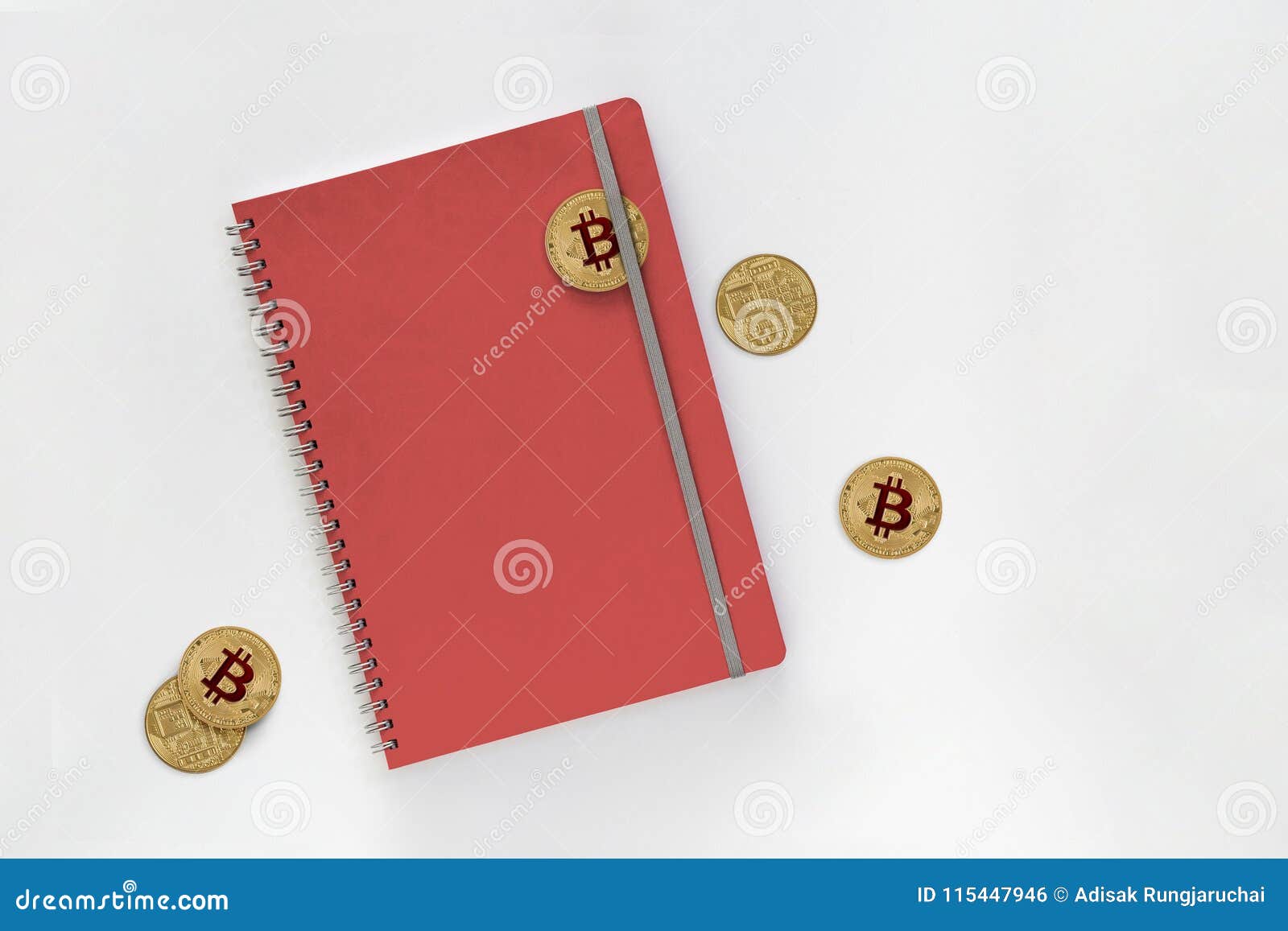 Gold Bitcoin Coins on the Red Leather Notebook Stock Photo - Image of ...