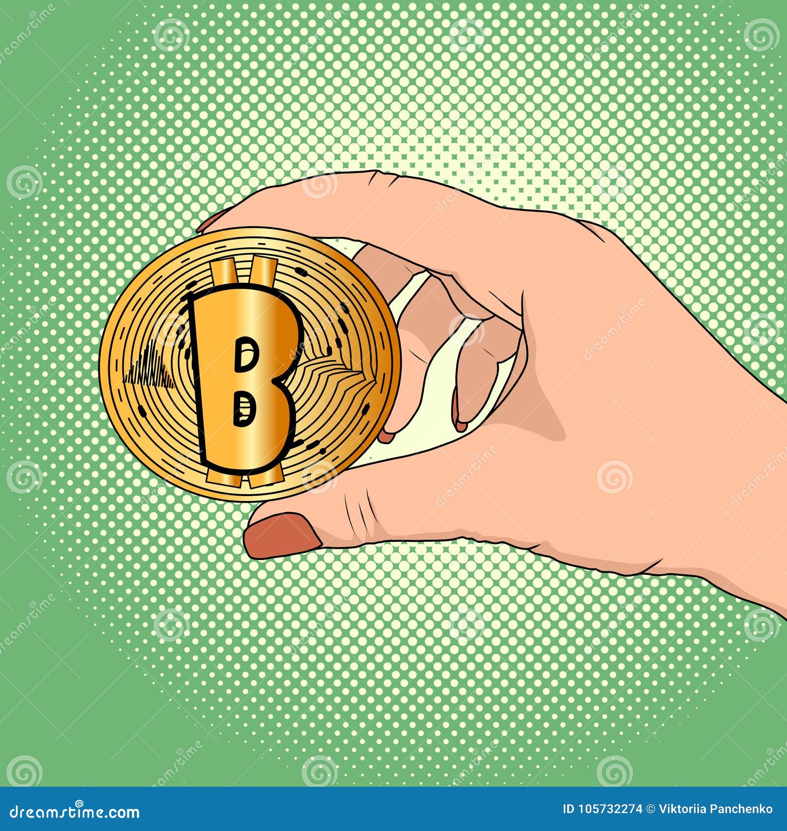 Gold Bitcoin in the Hand of a Woman Pop Art Stock Vector - Illustration ...