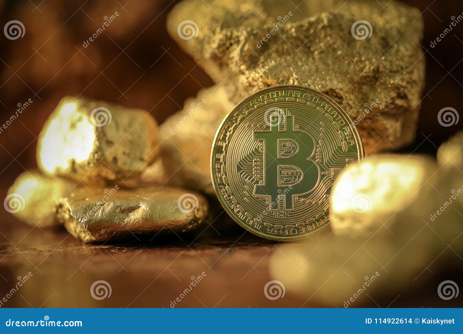Gold Bitcoin Physical and Gold Nugget Grains. Concept Mining Cry Stock ...