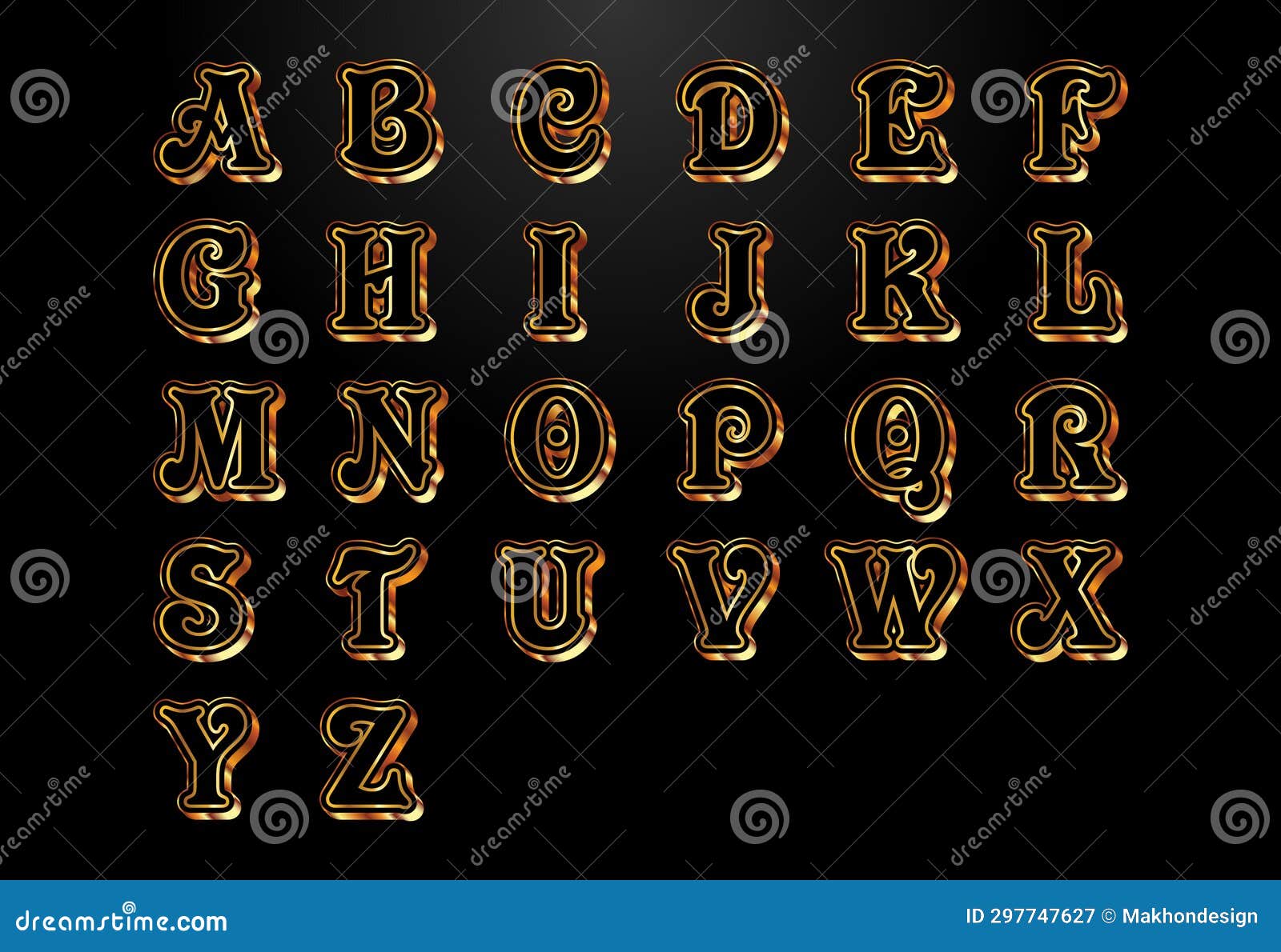 Gold and Black Color Alphabet a-Z. Elegant Gold Color Alphabet Vector ...