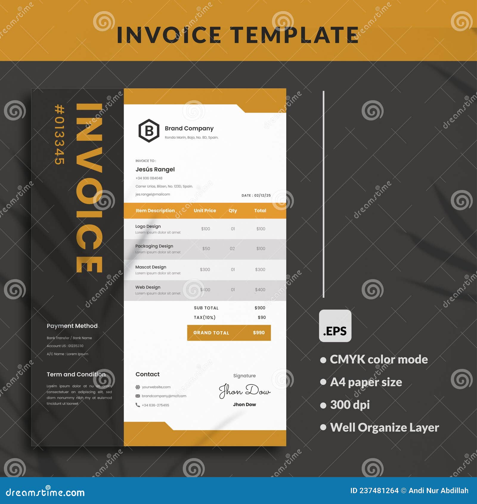 Gold and Black Minimalist Freelance A4 Invoice Print Template Editable ...