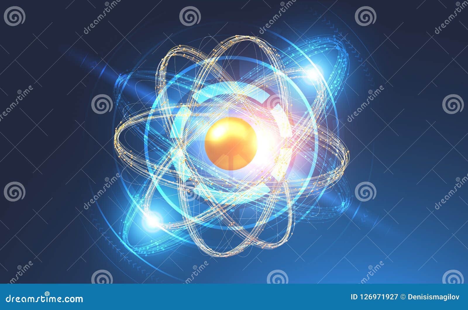 Gold and Blue Atom Model and Hud Over Blurred Blue Stock Illustration ...