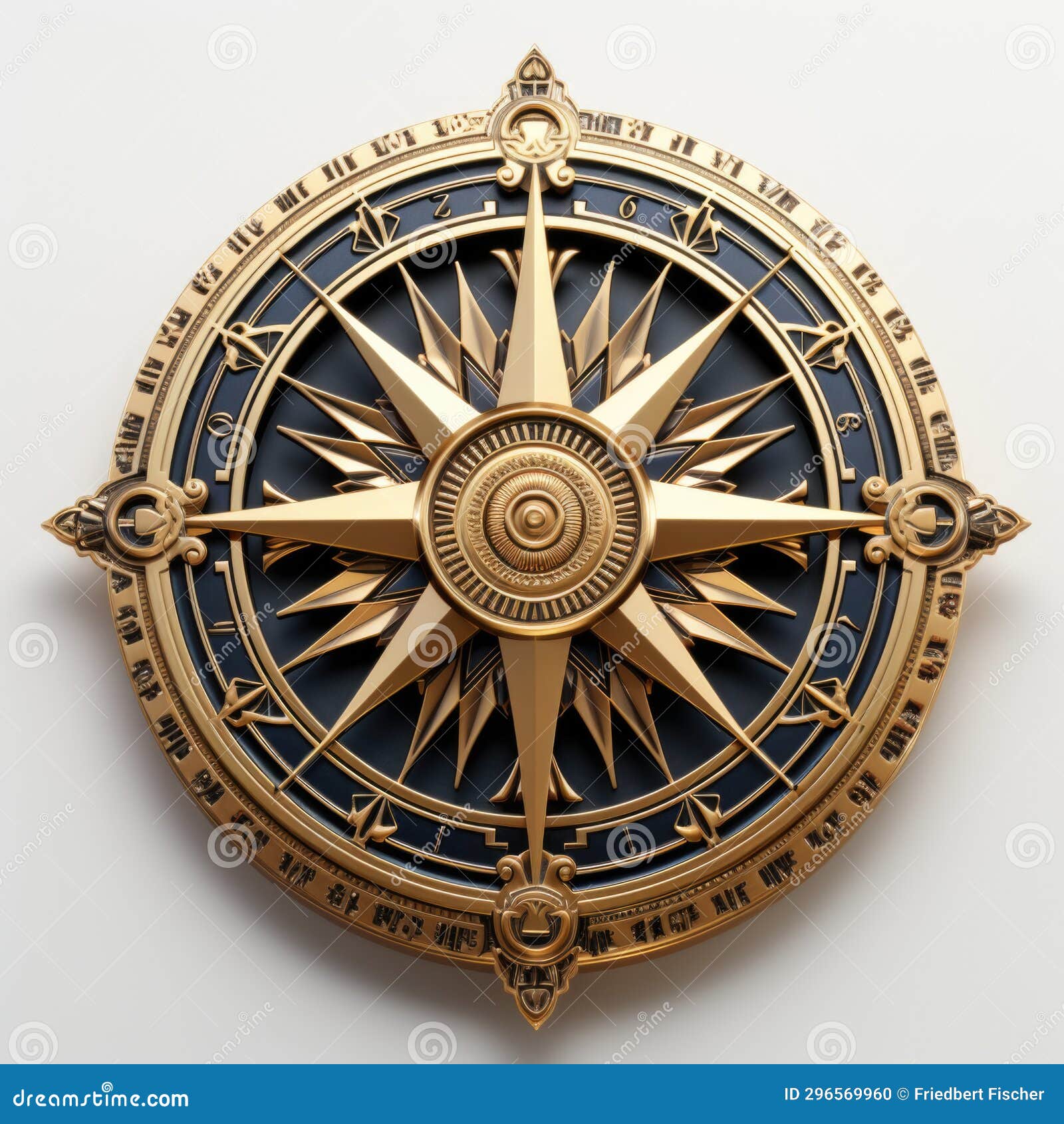 A Gold and Blue Compass Clock on a White Wall Stock Illustration ...