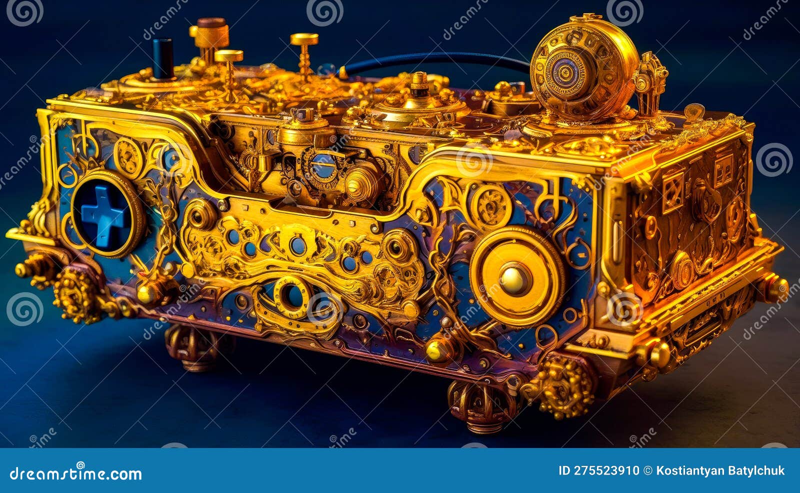 Gold and Blue Steam Engine on Blue Surface with Black Background ...