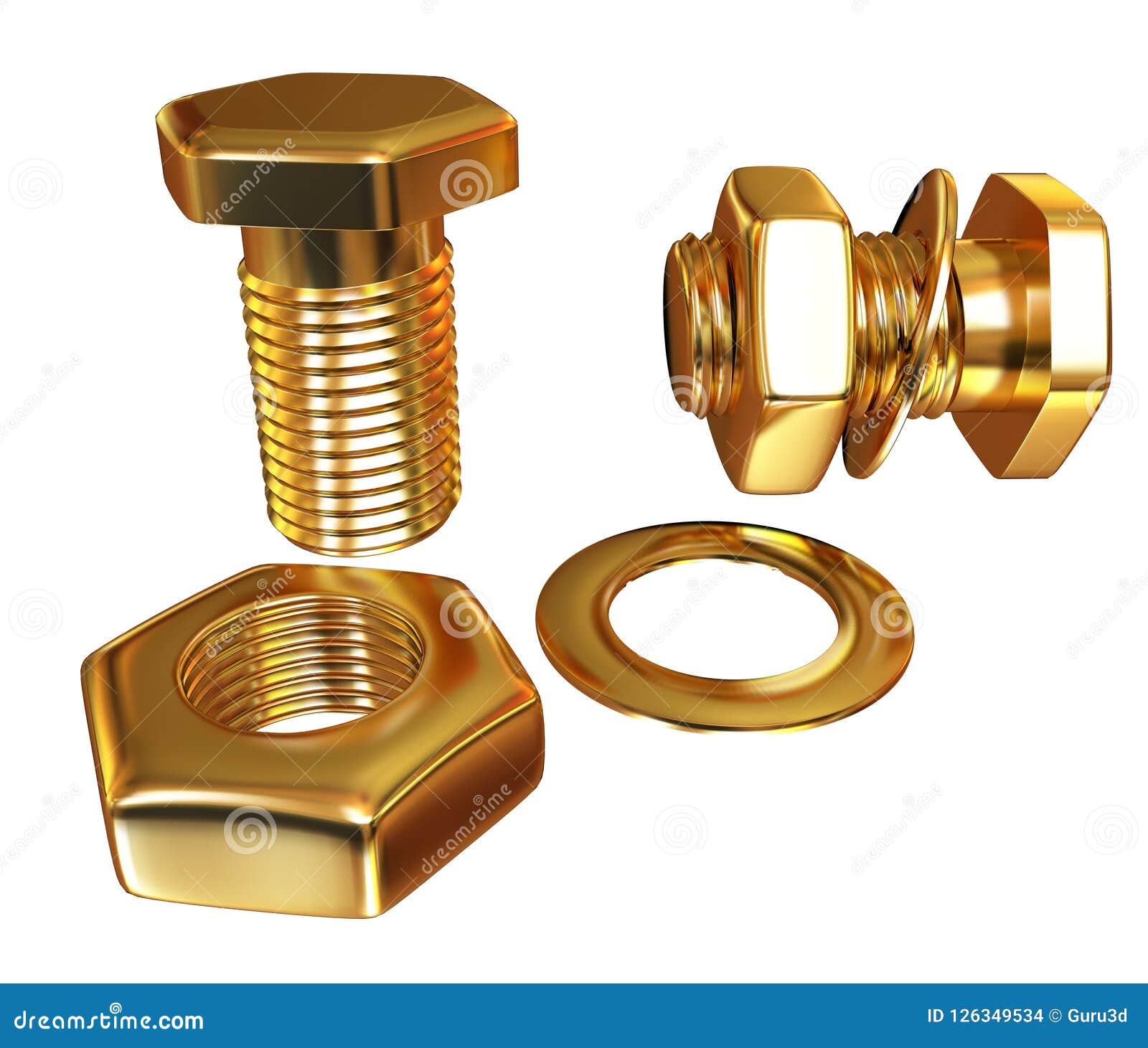 Gold Bolt with nut stock illustration. Illustration of element - 126349534