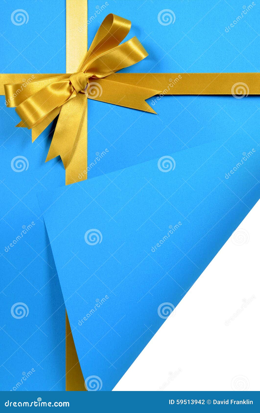 Gold Bow and Gift Ribbon on Blue Paper Background, Corner Folded Stock ...