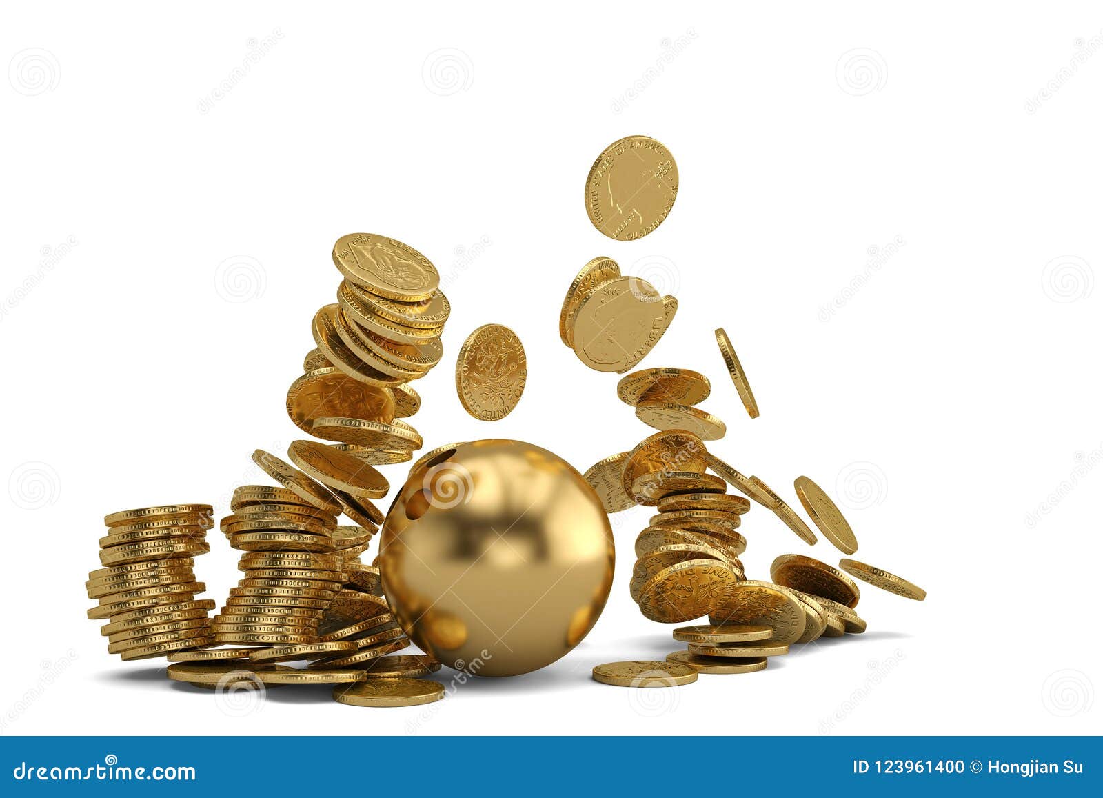 Gold Bowling and Coin Stacks.3D Illustration. Stock Illustration ...