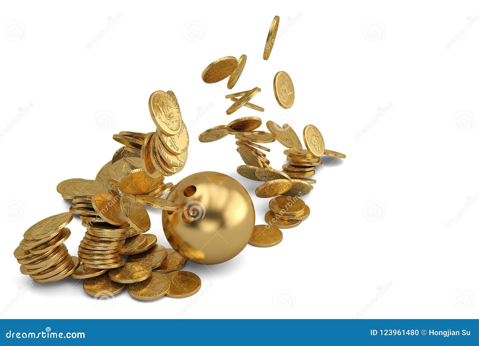 Gold Bowling and Coin Stacks.3D Illustration. Stock Illustration ...