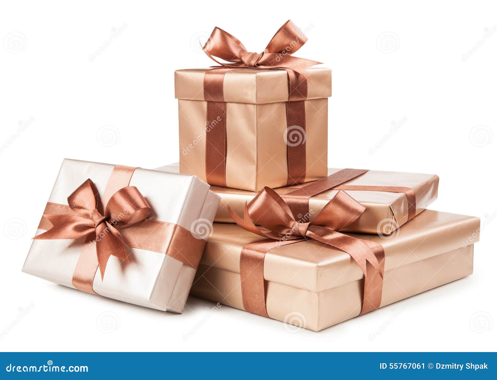 Gold Box with Gifts and Brown Bow Isolated on White Stock Image - Image ...