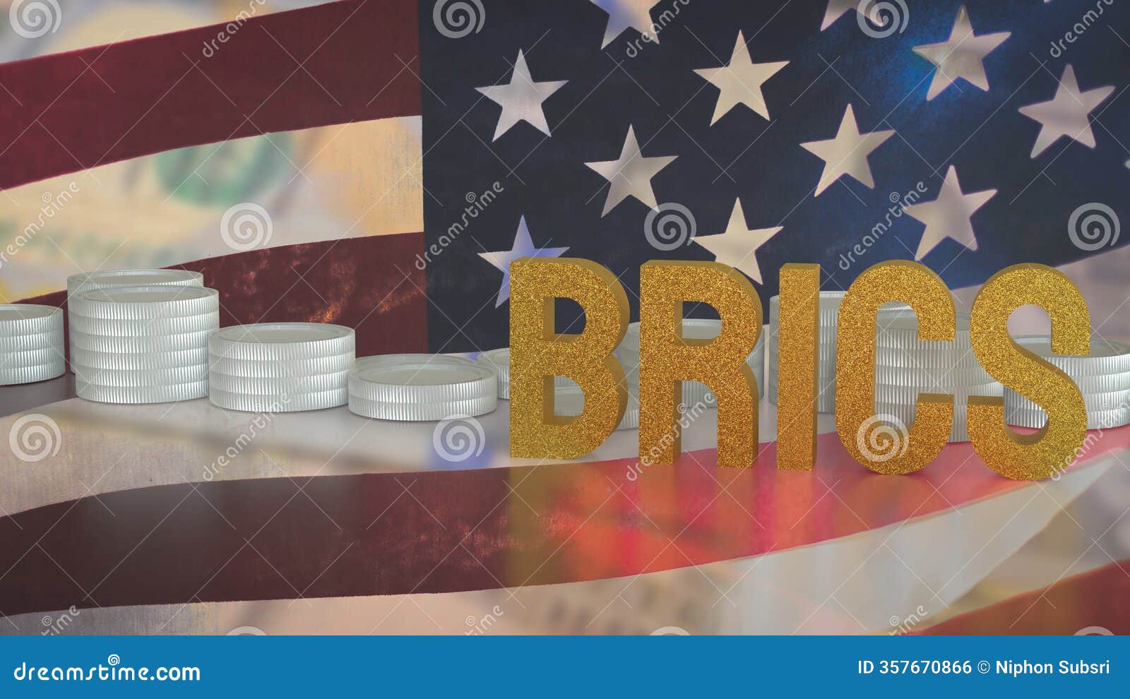The Gold Brics and Coins on USA Flag Background 3d Rendering Stock ...