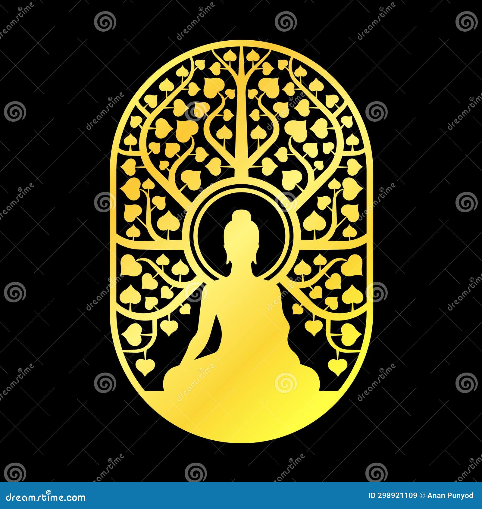 Gold Buddha Meditation with Radiate Glow Sit Under Bodhi Tree with Leafs Heart Shape in Square ...