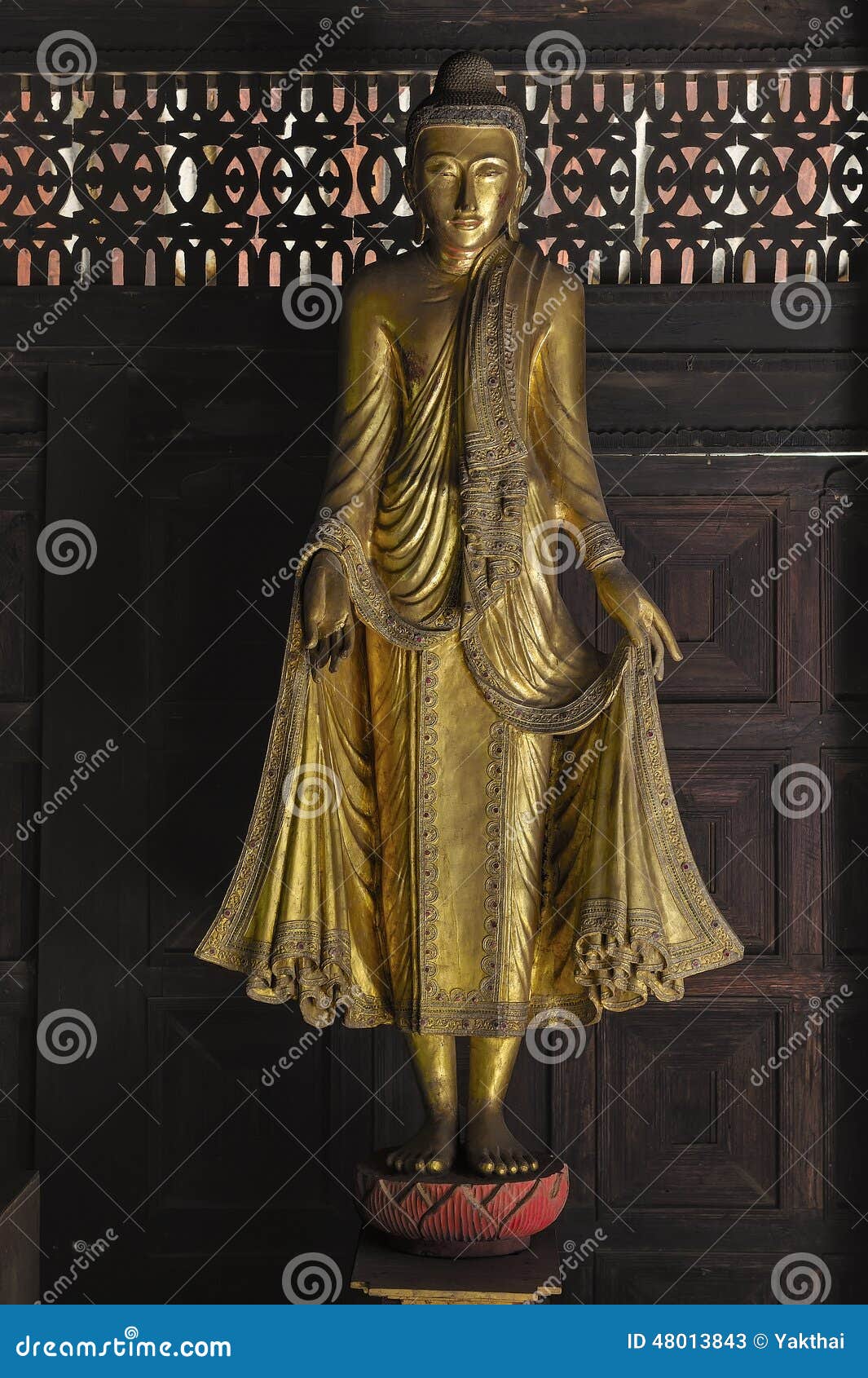 Gold Buddha Statue Standing on Lotus Base Stock Image - Image of scene ...