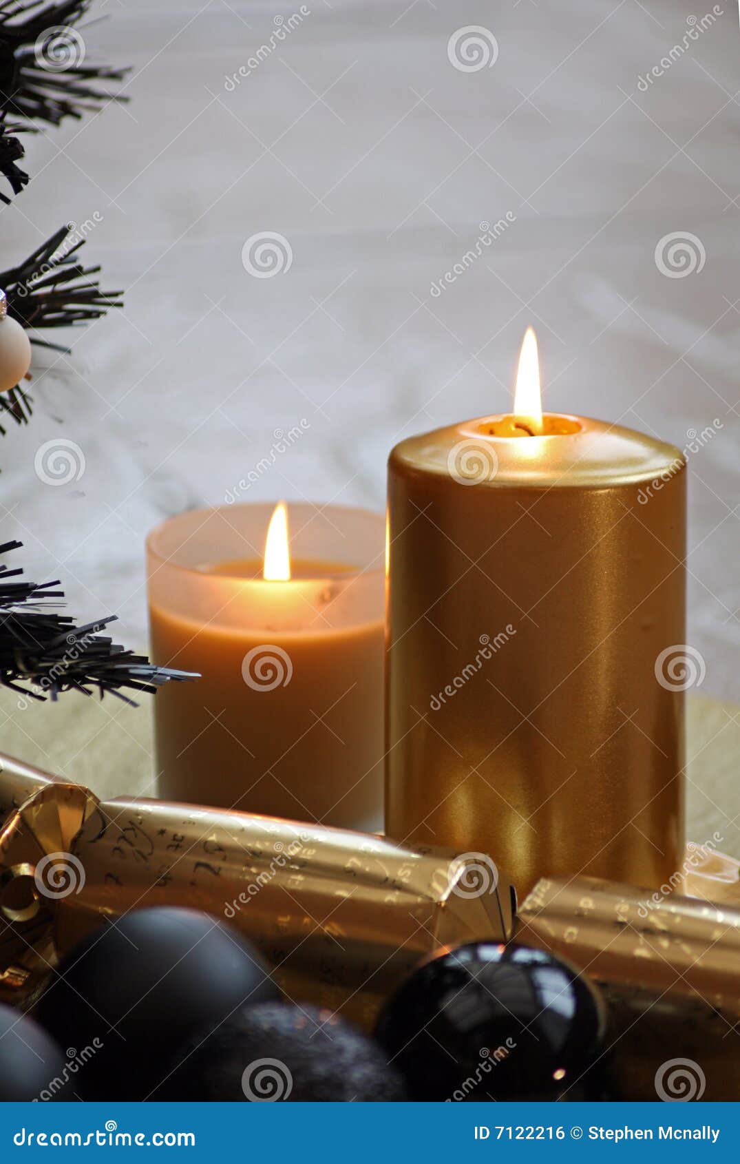 Gold candles stock photo. Image of flame, tree, gold, crackers - 7122216