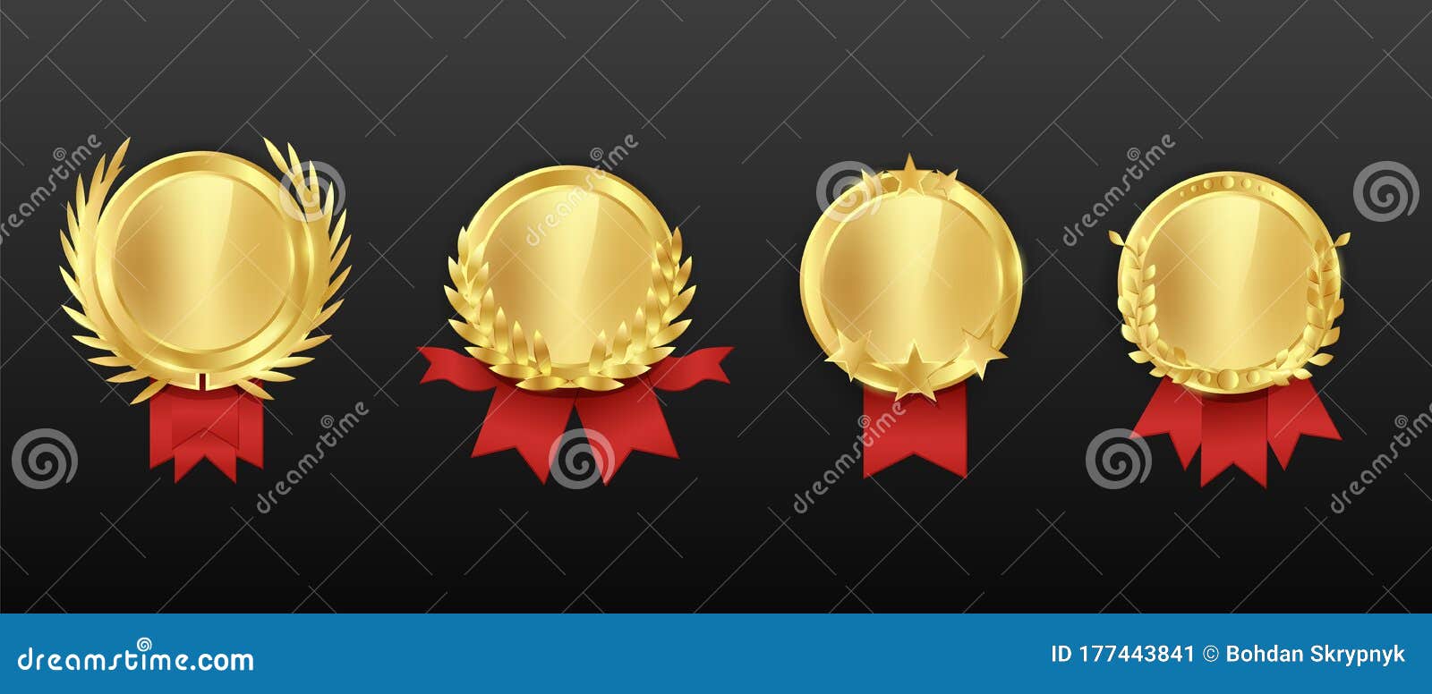 Gold Cartoon Award Medal with Red Ribbon Set Isolated on Black ... Gold Cartoon Award Medal with Red Ribbon Set Isolated on Black ...