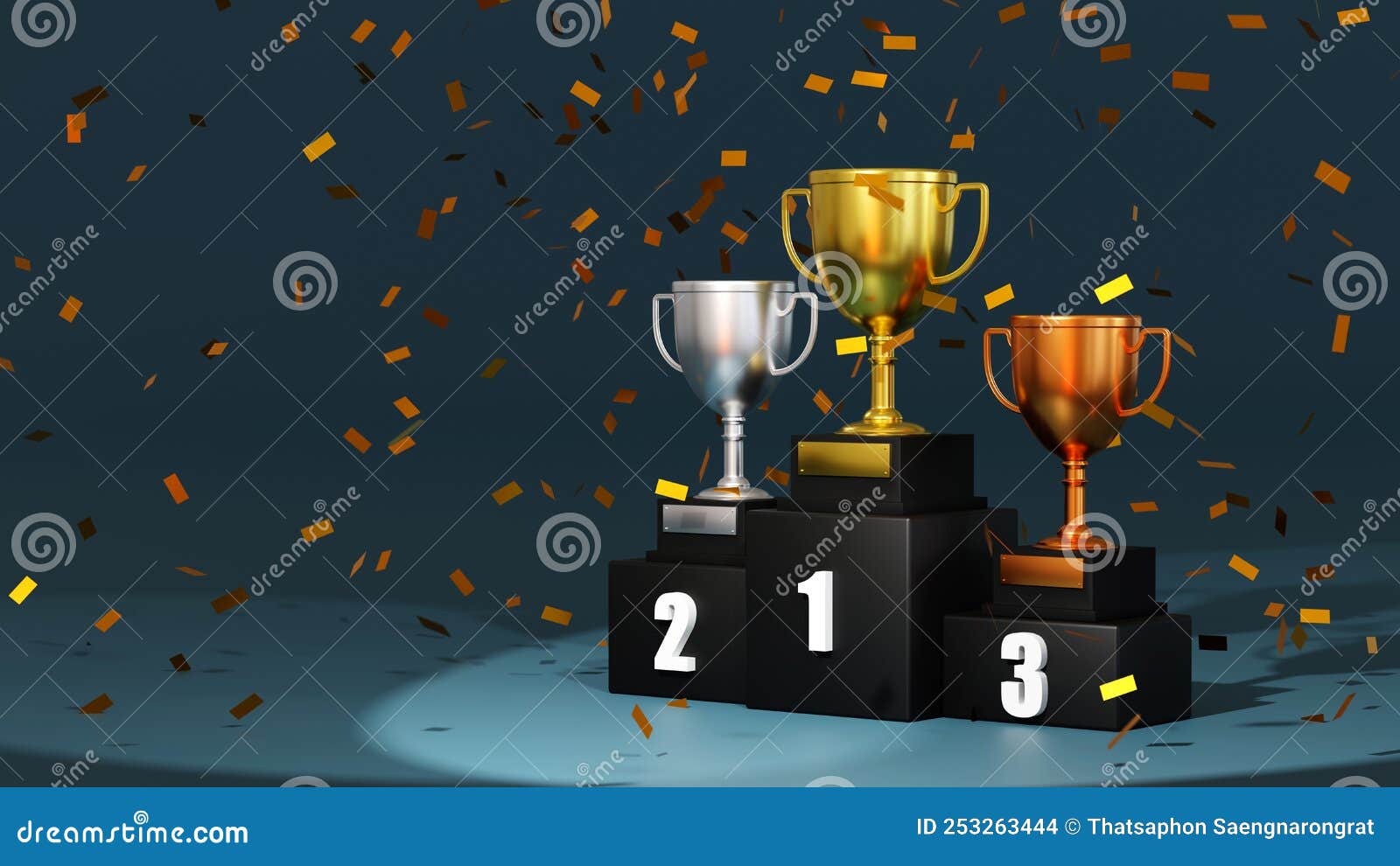 Gold Champion Trophy on Winner 1, 2, 3 Podium, Stage for the First ...