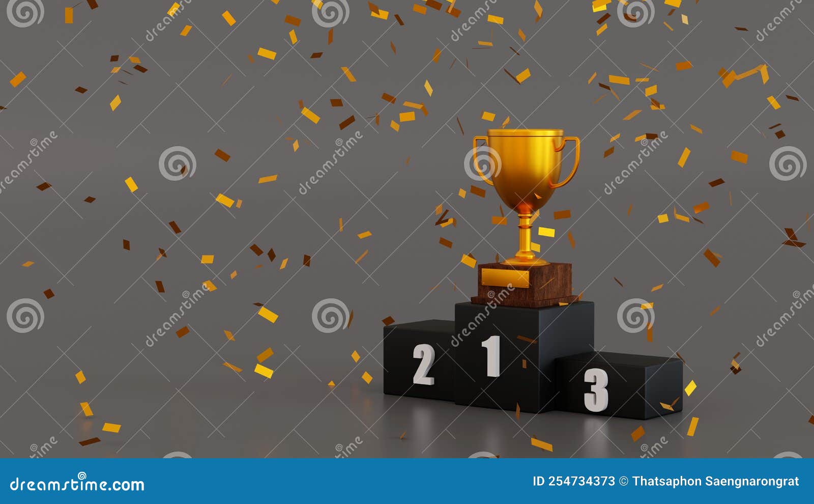 Gold Champion Trophy on Winner 1, 2, 3 Podium, Stage for the First ...