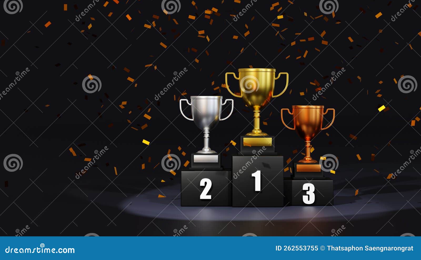 Gold Champion Trophy on Winner 1, 2, 3 Podium, Stage for the First ...